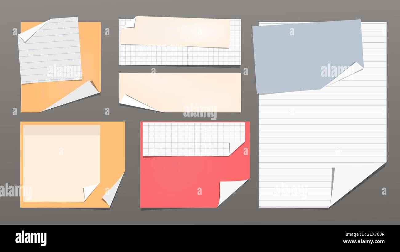 Set of torn yellow, white note, notebook paper pieces with folded ...