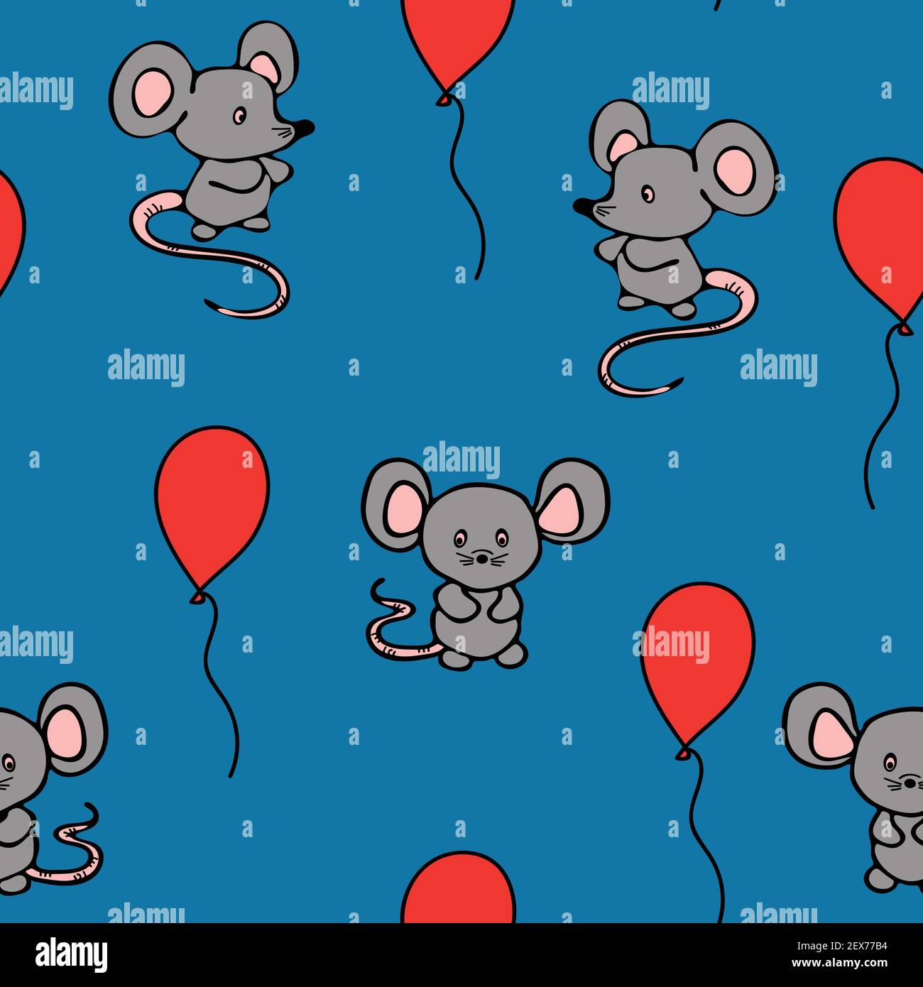 Seamless vector pattern with cute mice and balloons on blue background ...