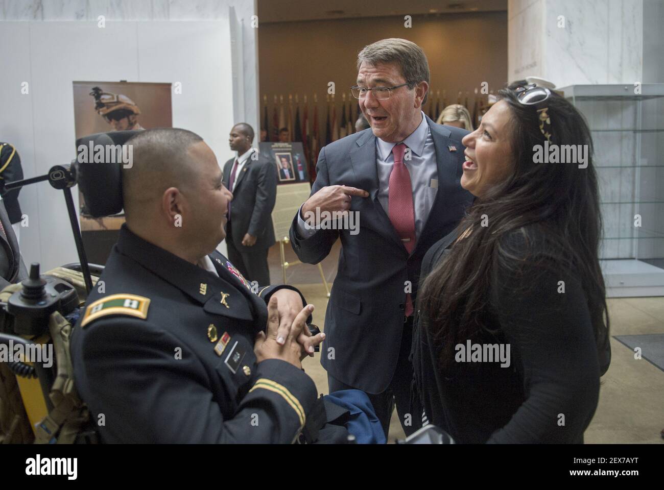 Secretary of Defense Ash Carter speaks with Capt. Luis Avila as he ...
