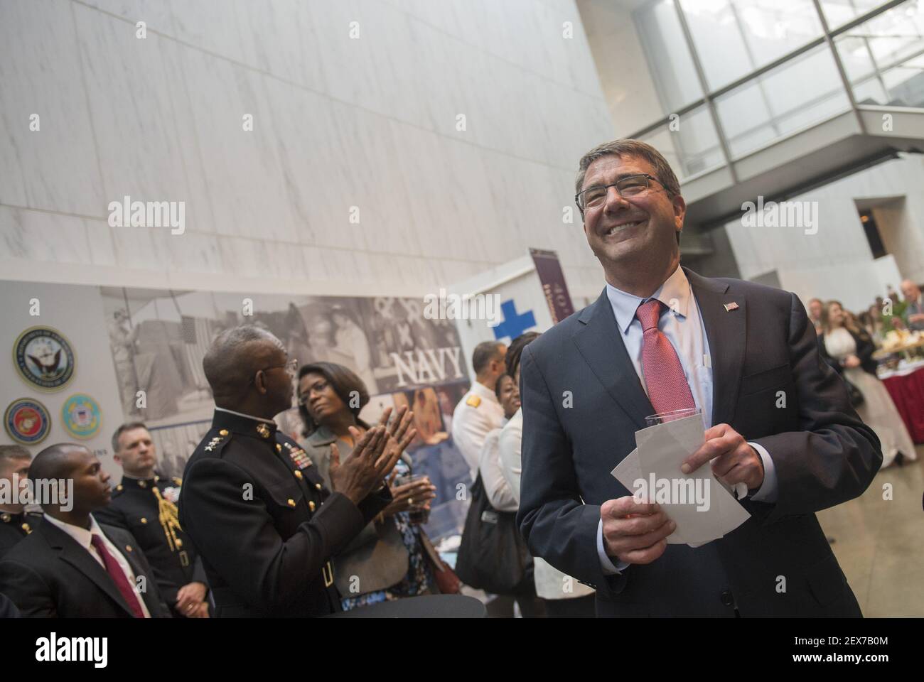 Secretary of Defense Ash Carter prepares to deliver remarks at the ...