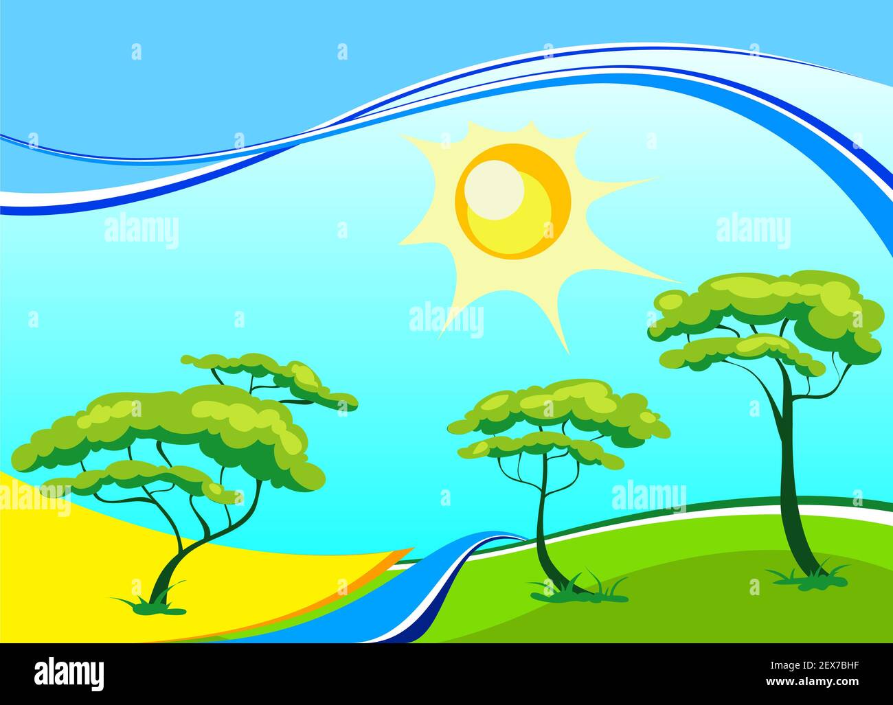 Vector landscape with trees and sun Stock Photo - Alamy