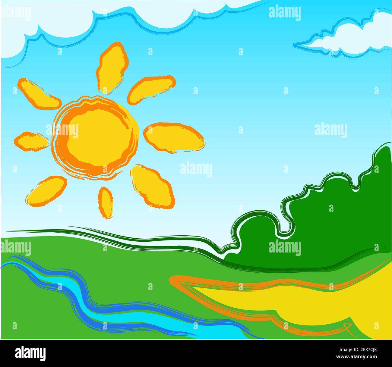 Vector landscape with sun Stock Photo - Alamy