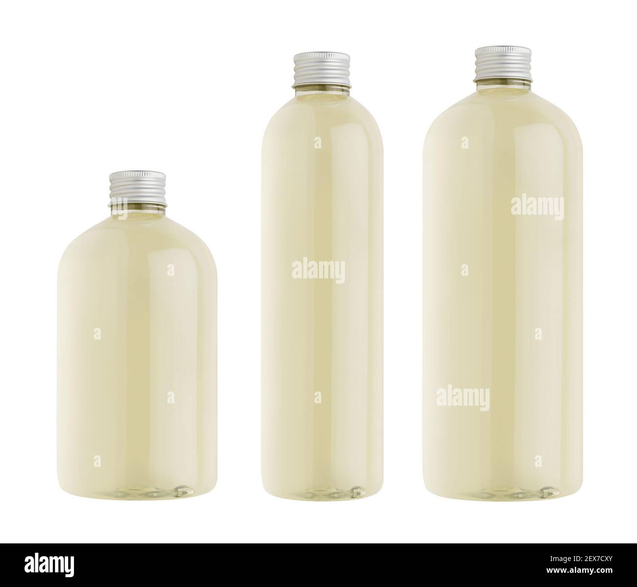 Assortment of three plastic tall, low and thick bottles with pale fresh ...