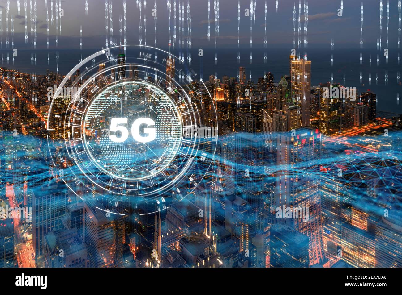 5G Connection Technology over Top view building of Chicago cityscape ...