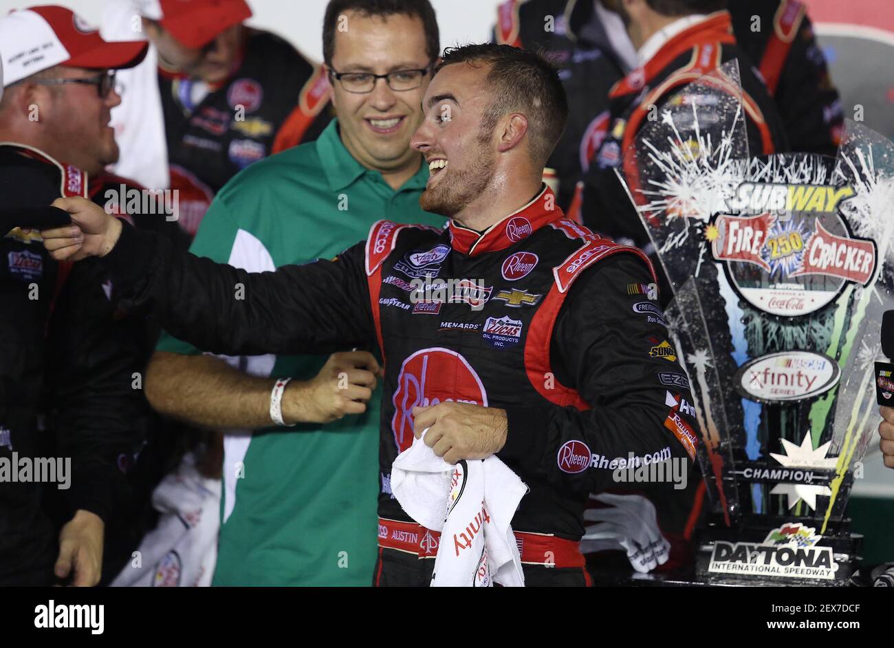Austin Dillon celebrates in Victory Lane after winning the Subway ...