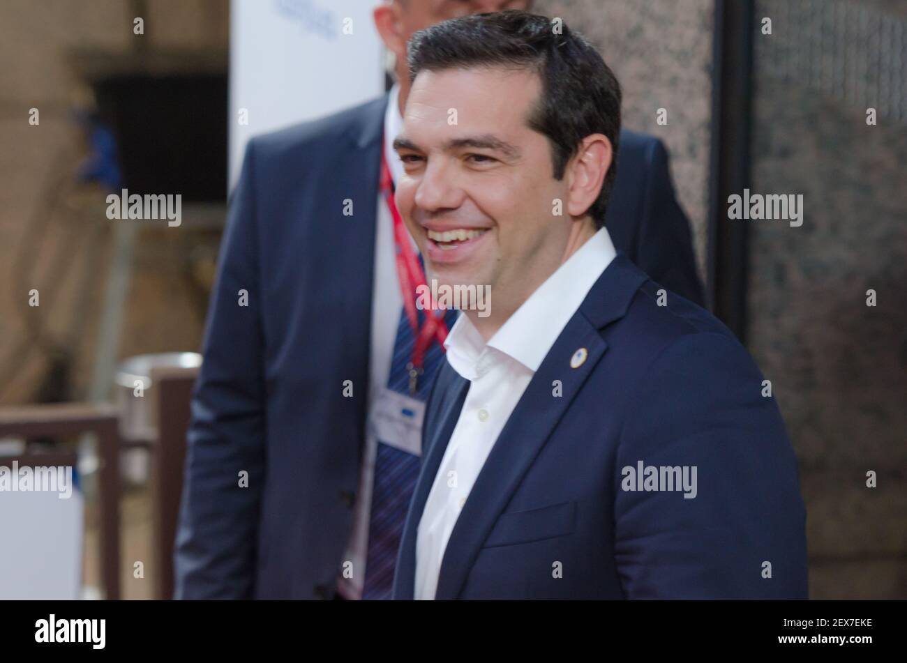 Greece Prime Minister Alexis Tsipras is talking to the press at the end ...