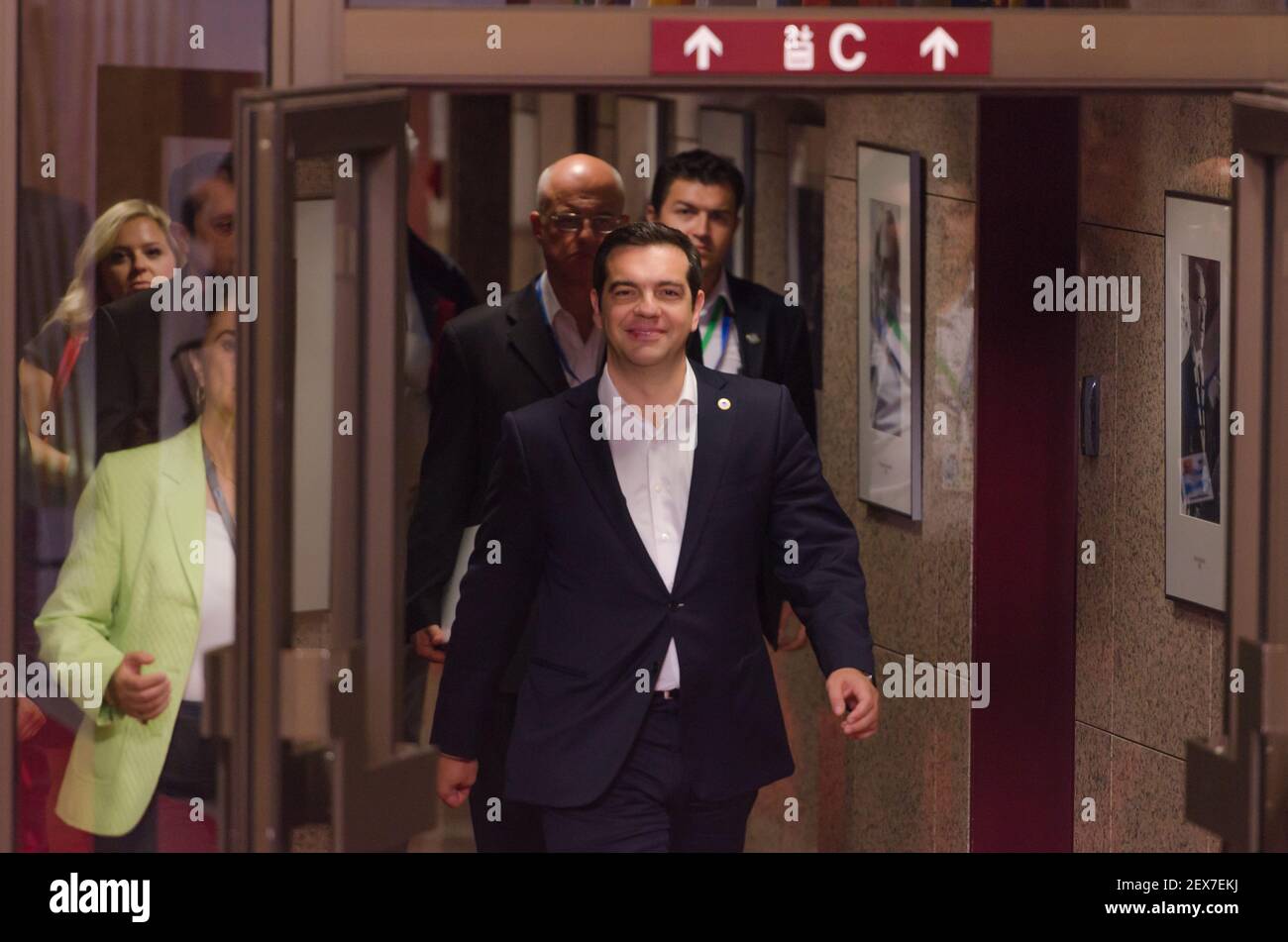 Greece Prime Minister Alexis Tsipras is talking to the press at the end ...