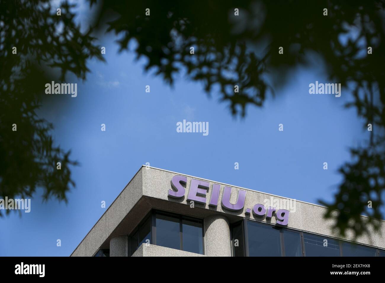 A logo sign outside of the headquarters of the Service Employees ...