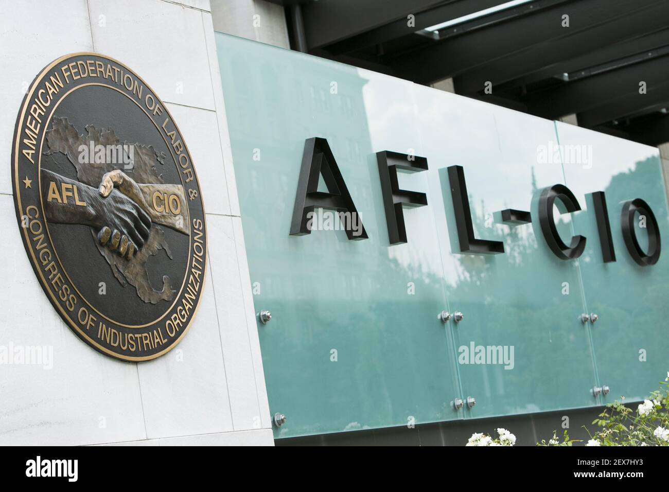 A logo sign outside of the headquarters of the American Federation of ...