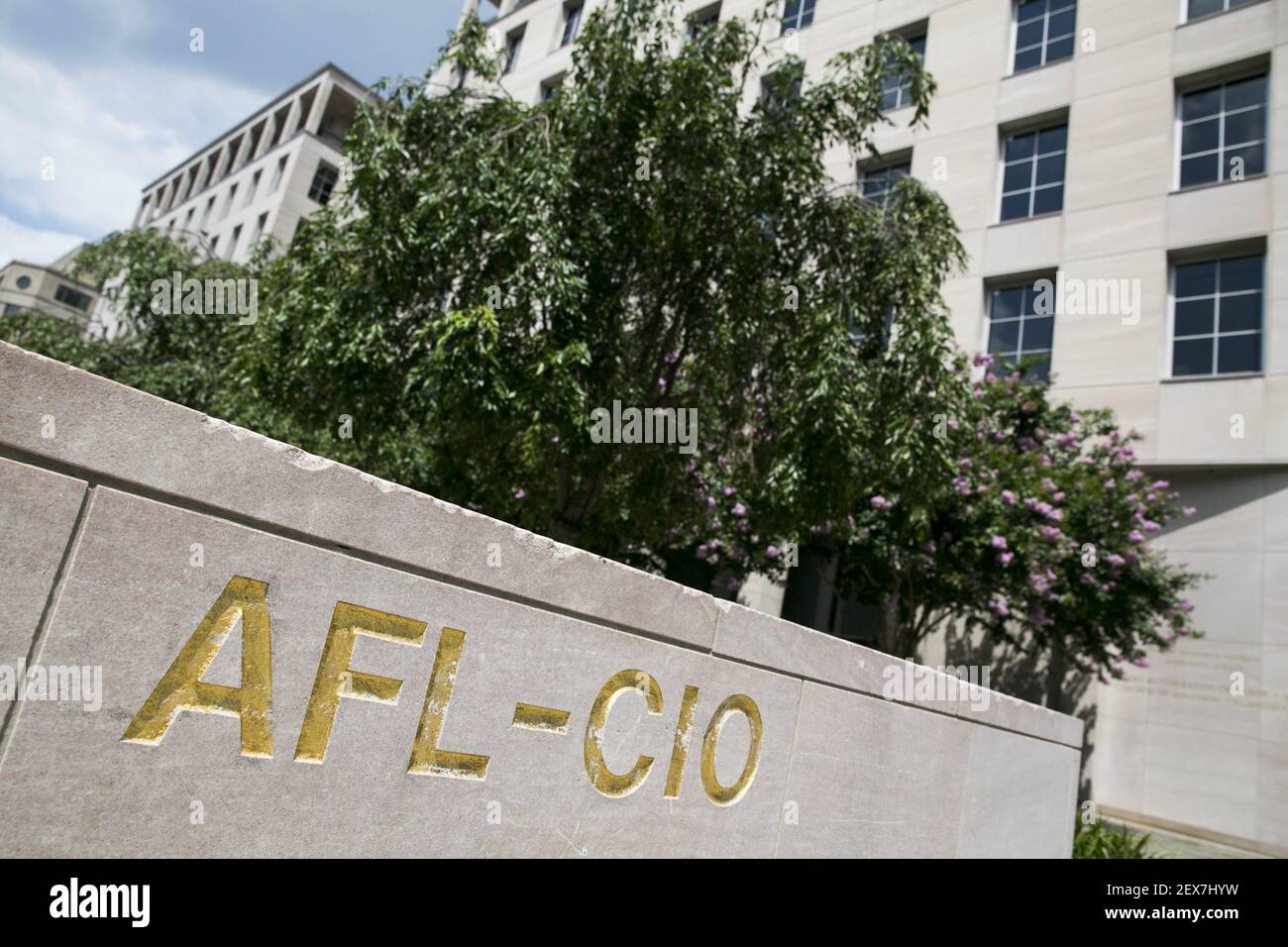 A logo sign outside of the headquarters of the American Federation of ...