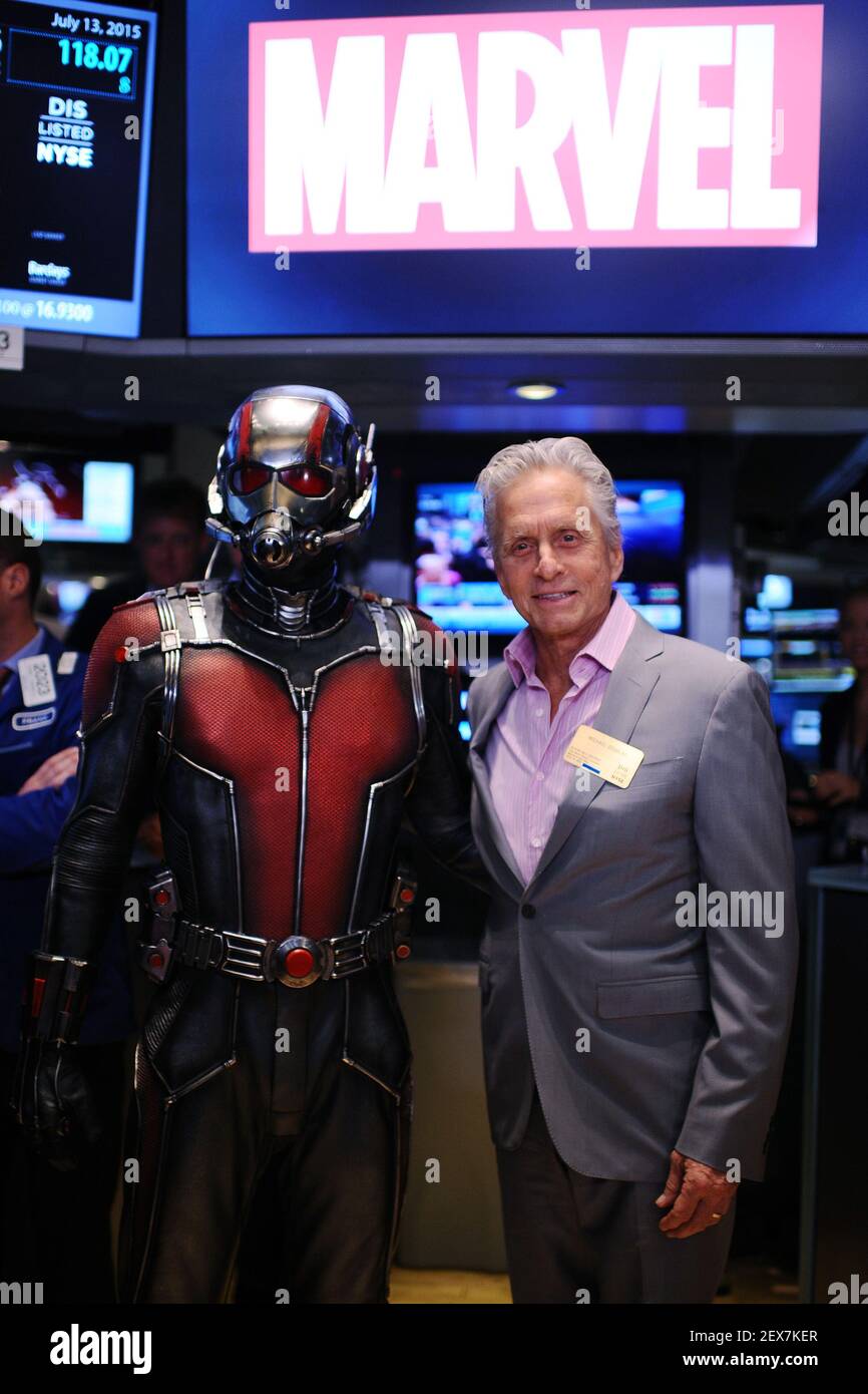 Actor Michael Douglas poses with "Ant-Man" costumed character on the ...