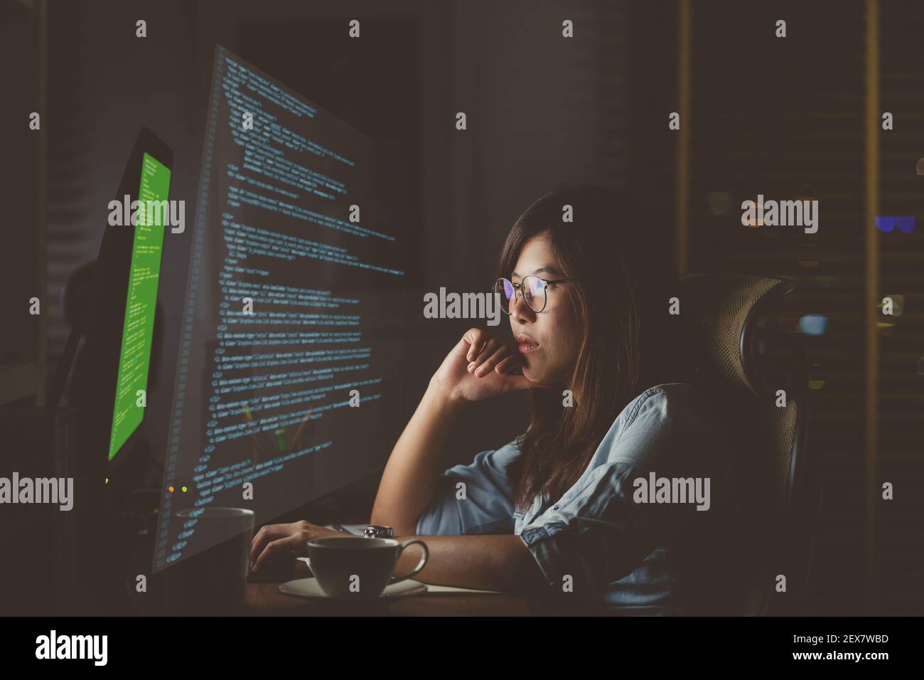 Asian Businesswoman working hard with front of computer desktop with ...