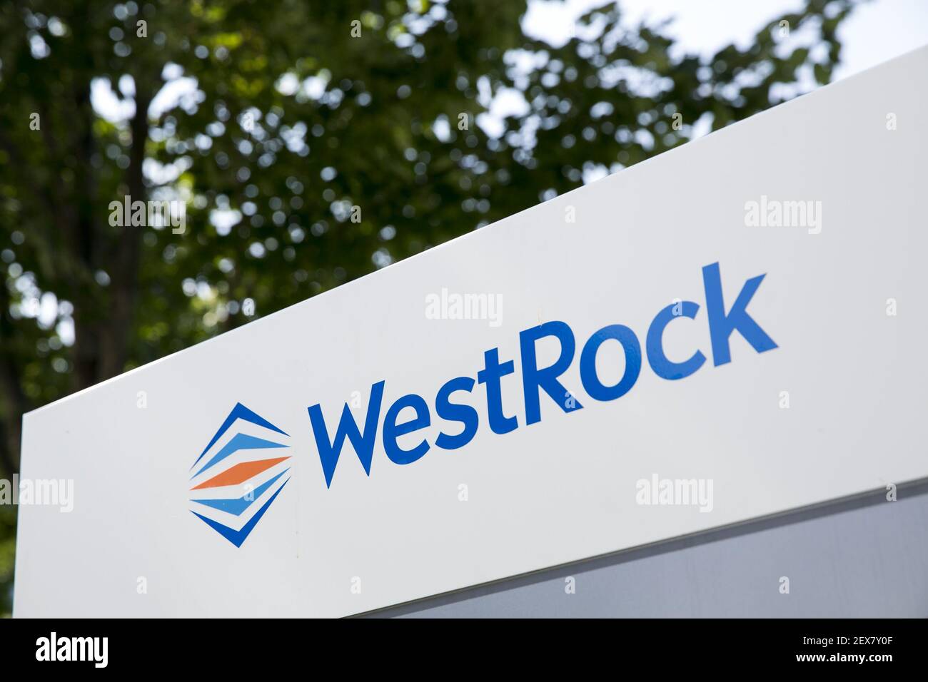 A logo sign outside of the headquarters of the WestRock Company in ...
