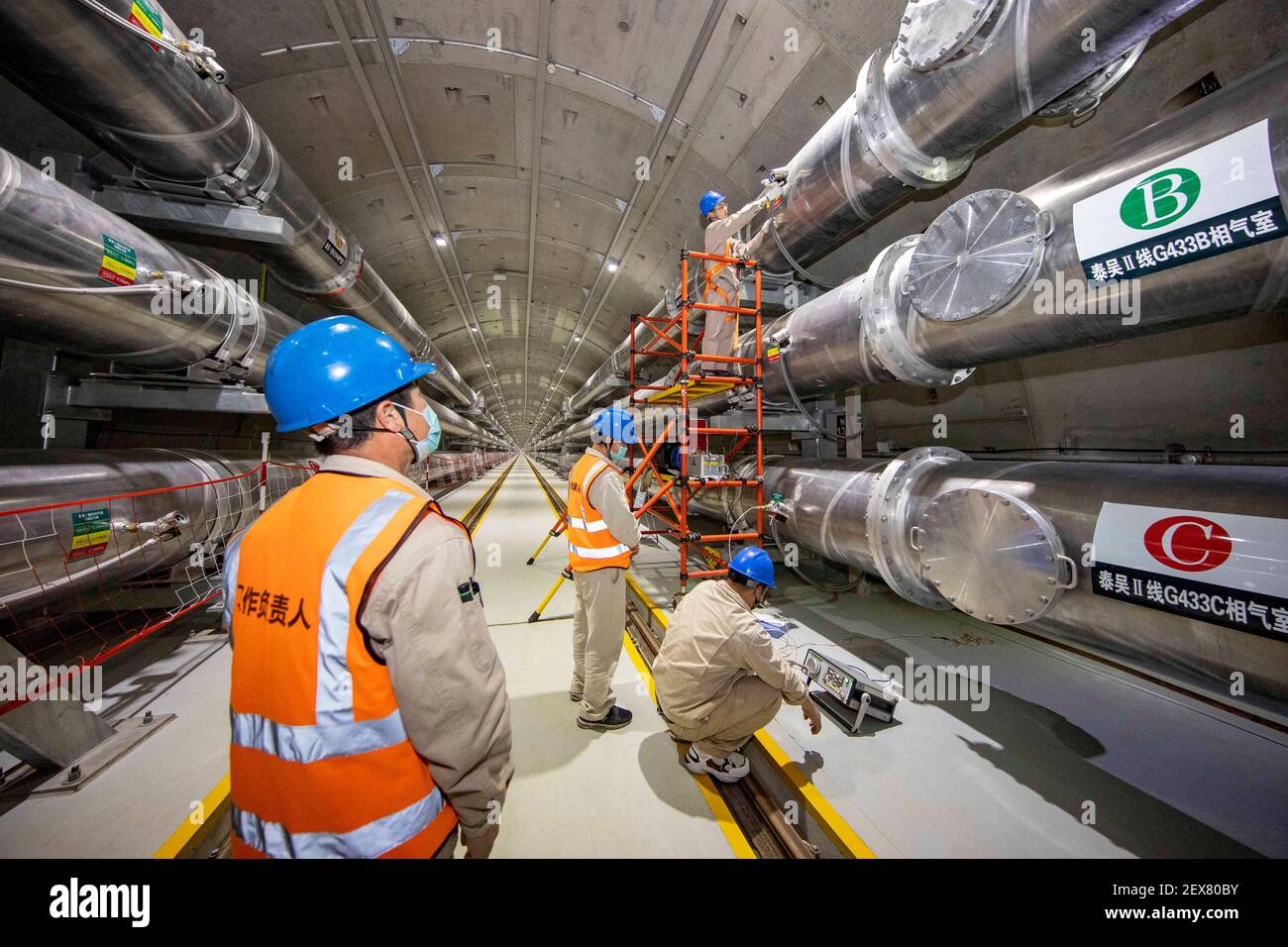 SUZHOU, CHINA - MARCH 4, 2021 - A construction worker checks sulfur ...
