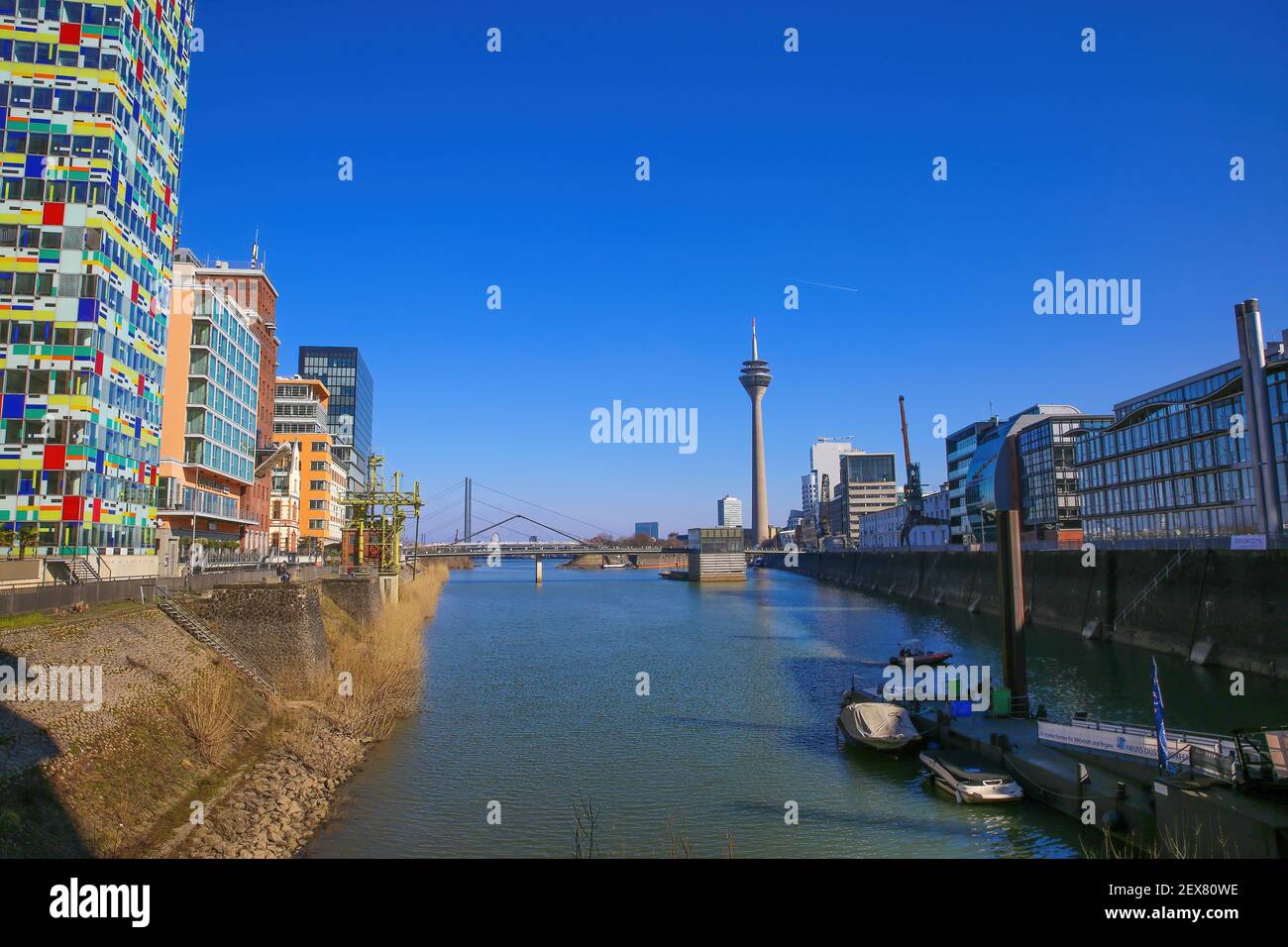 Düsseldorf, Germany - March 1. 2021: View over water canal beyond ...