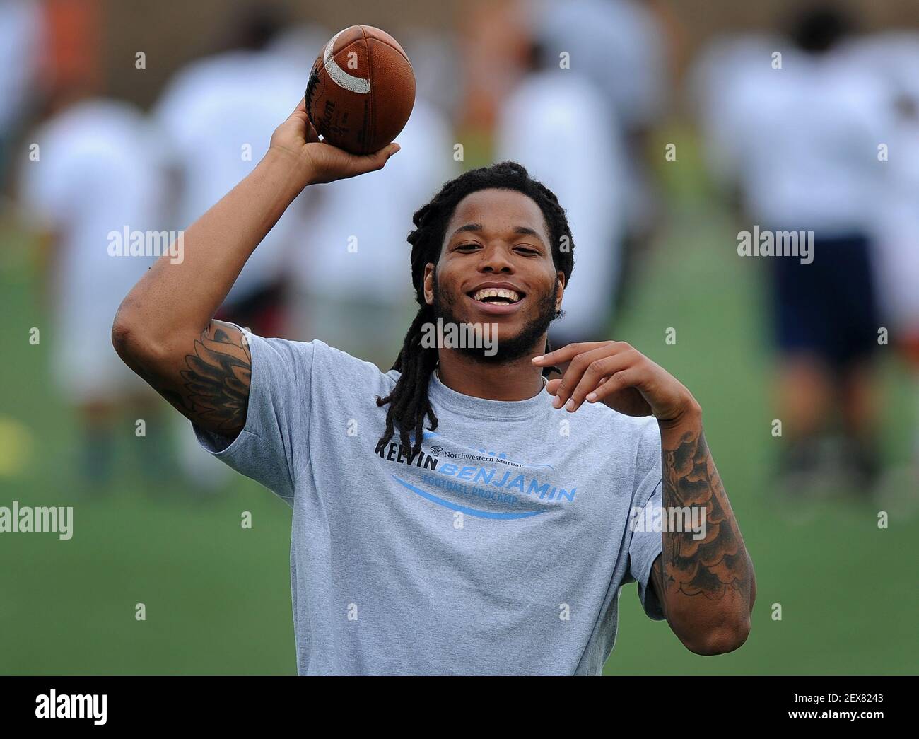 Carolina Panthers wide receiver Kelvin Benjamin smiles after catching a ...