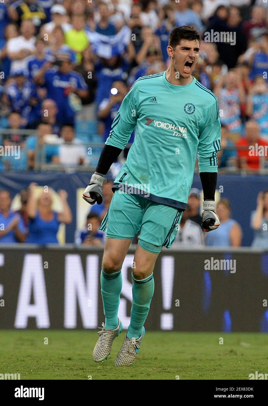 Chelsea goalkeeper Thibaut Courtois celebrates his game-winning goal on ...