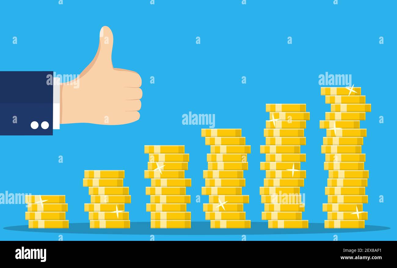 Stack of gold coins and hand with thumb up gesture Stock Vector Image ...