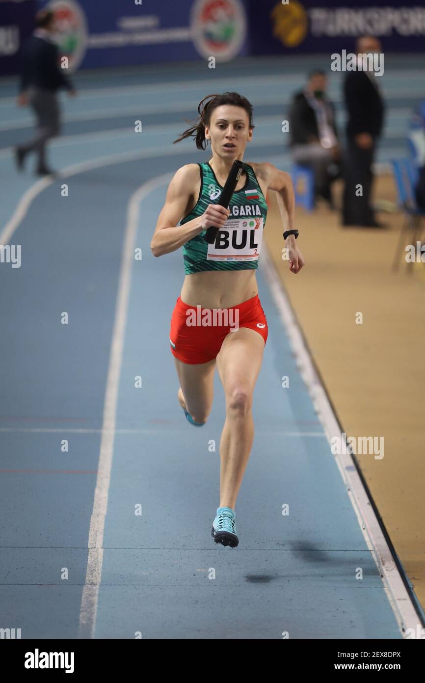 ISTANBUL, TURKEY - FEBRUARY 20, 2021: Undefined athlete running 4x400 ...