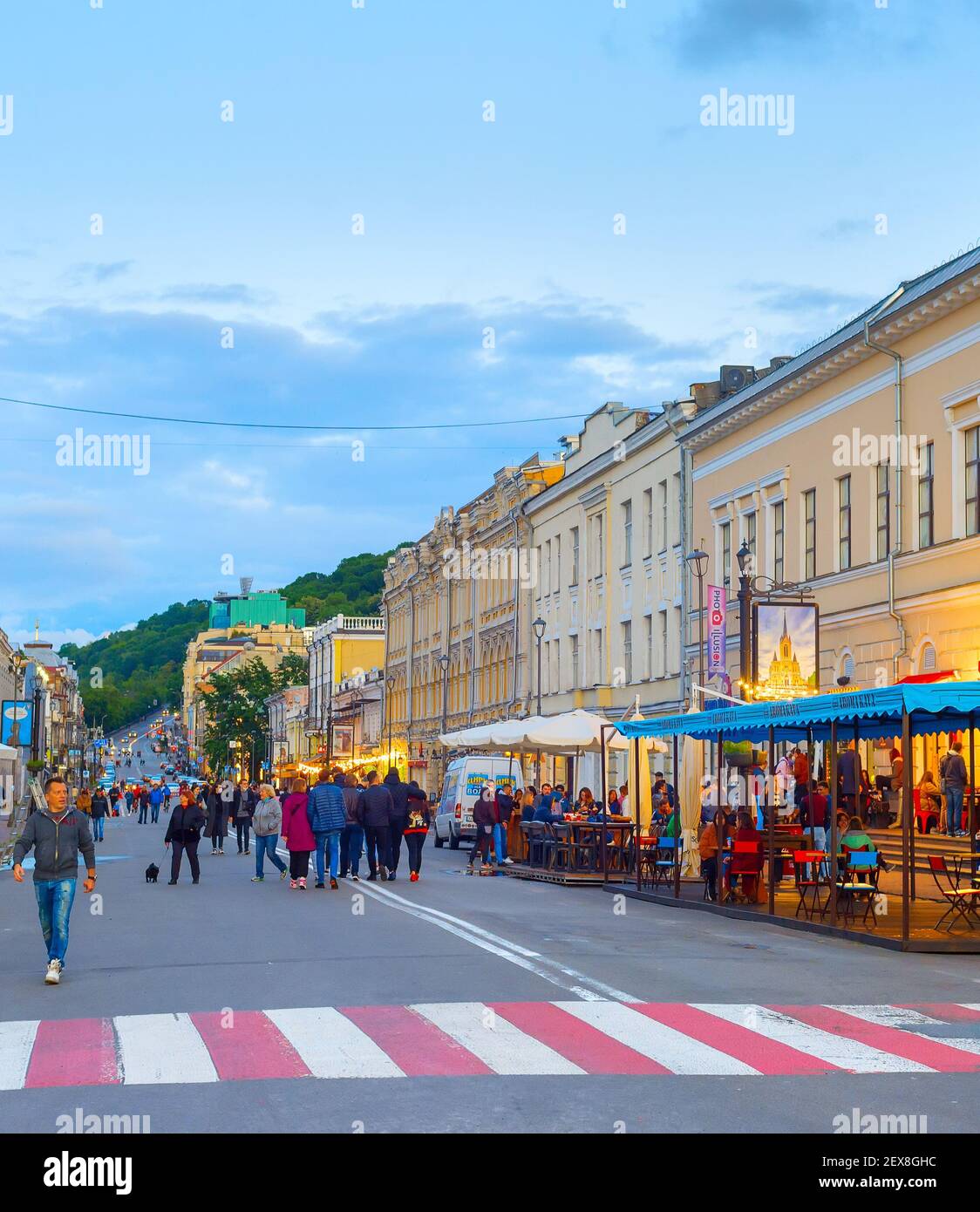 KIEV, UKRAINE - MAY 31, 2020: People walking by Old Town street of Kiev ...