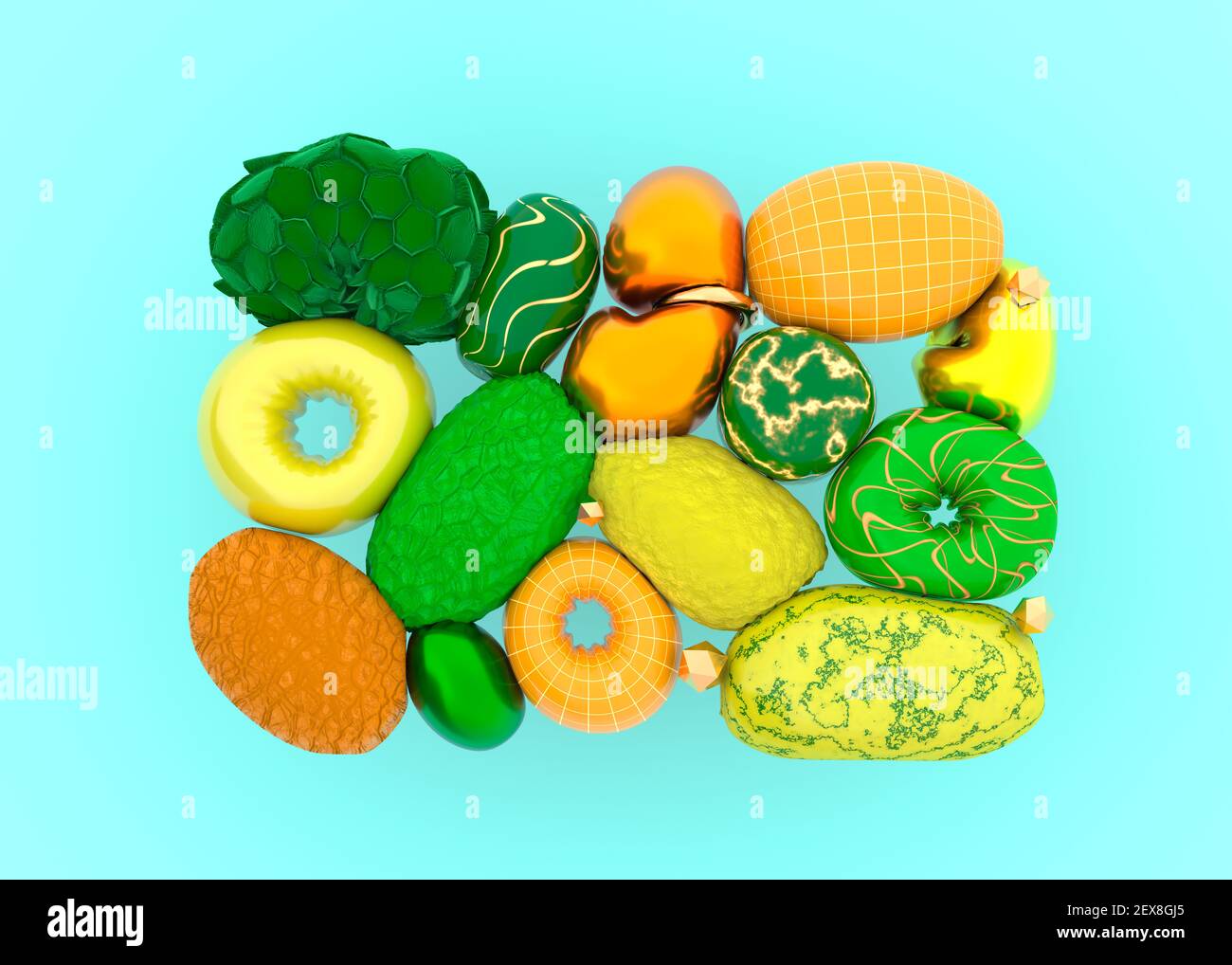 Abstract illustration with organic shapes in bright colors. 3D Render ...