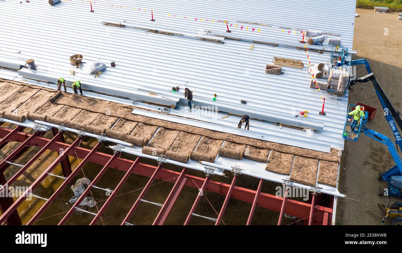 Construction workers installing insulation and roof panels on a large ...