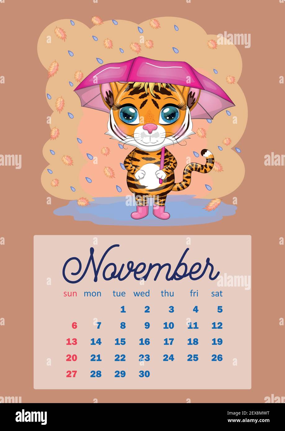 Cute Tiger Wall Calendar Template for 2022, Year of the Tiger, Chinese ...