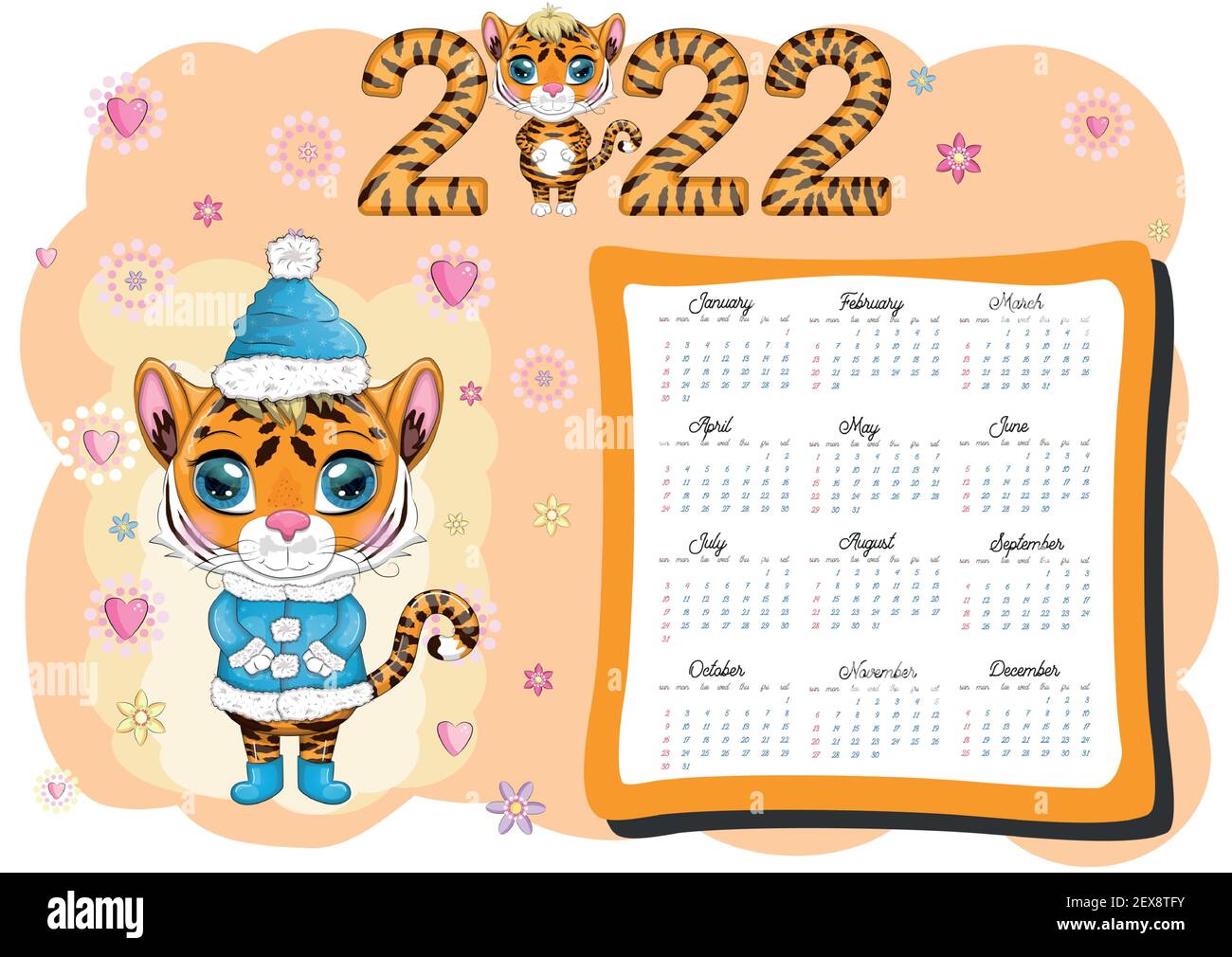 Cute Tiger Wall Calendar Template for 2022, Year of the Tiger, Chinese ...