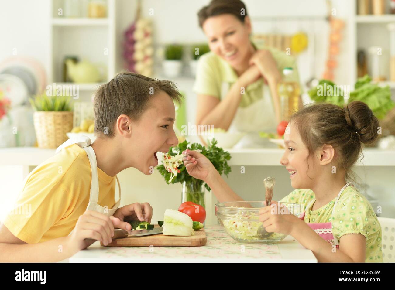 Cute brother and sister cooking together in kitchen Stock Photo - Alamy