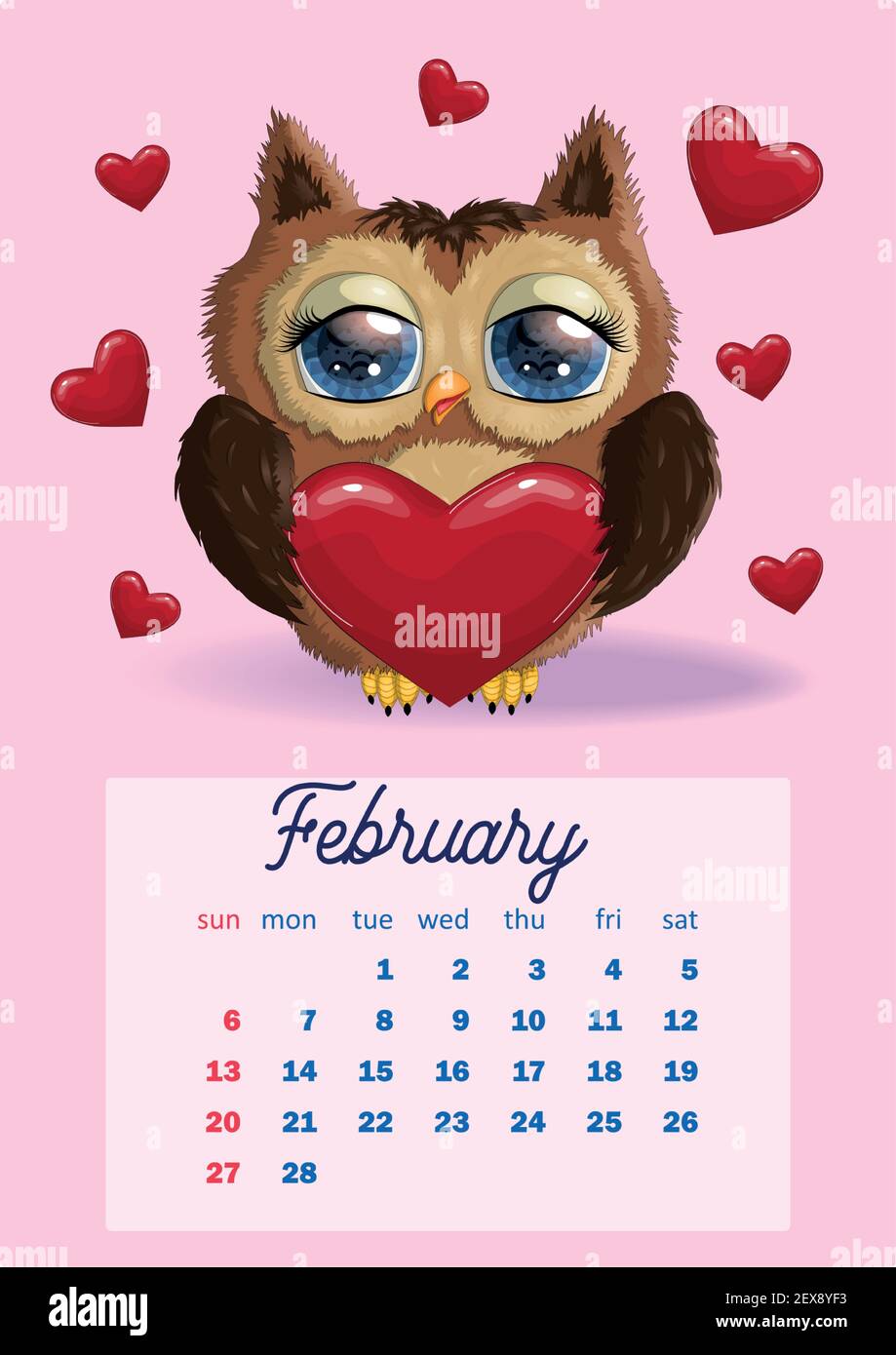Cute cartoon owl with beautiful eyes. Wall calendar design template for ...