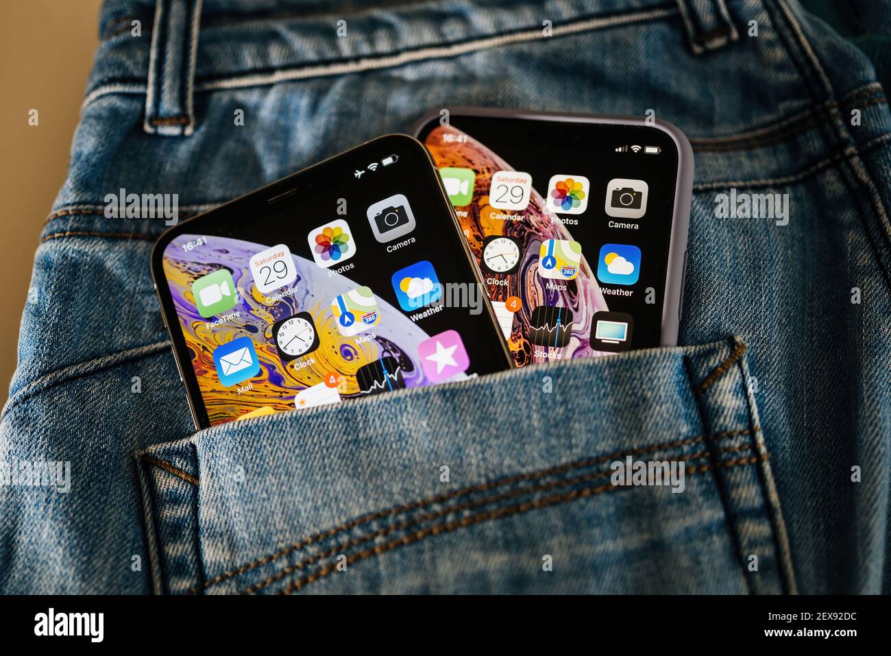 Paris, France - Sep 29, 2018: Rear view of denim jeans rear pocket with ...