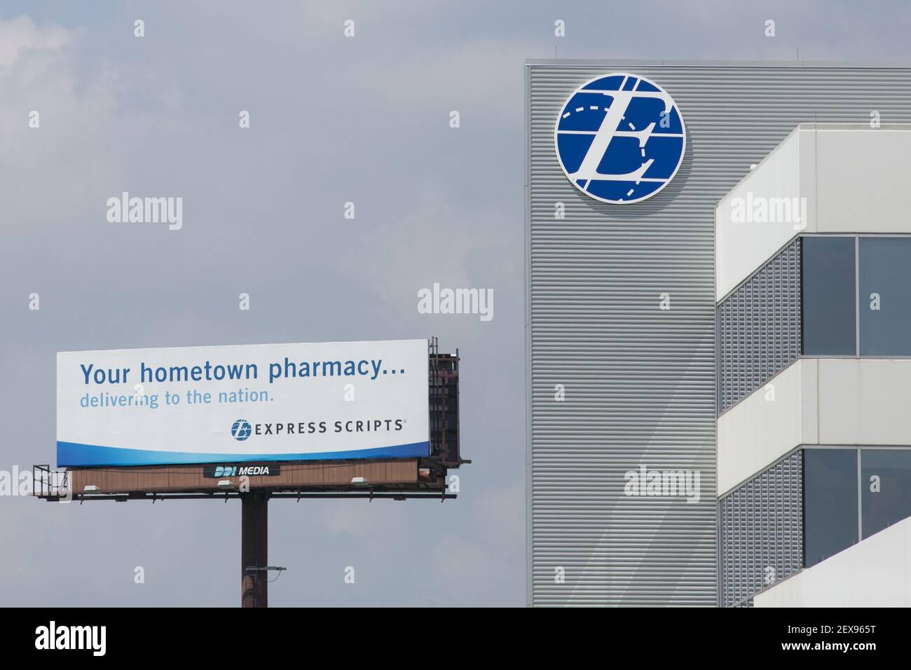 A logo sign outside of the headquarters of Express Scripts, in St ...