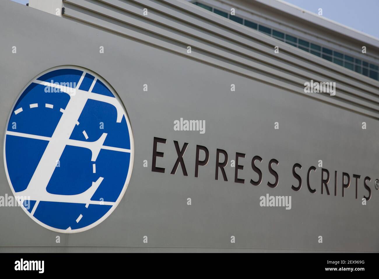 A logo sign outside of the headquarters of Express Scripts, in St ...