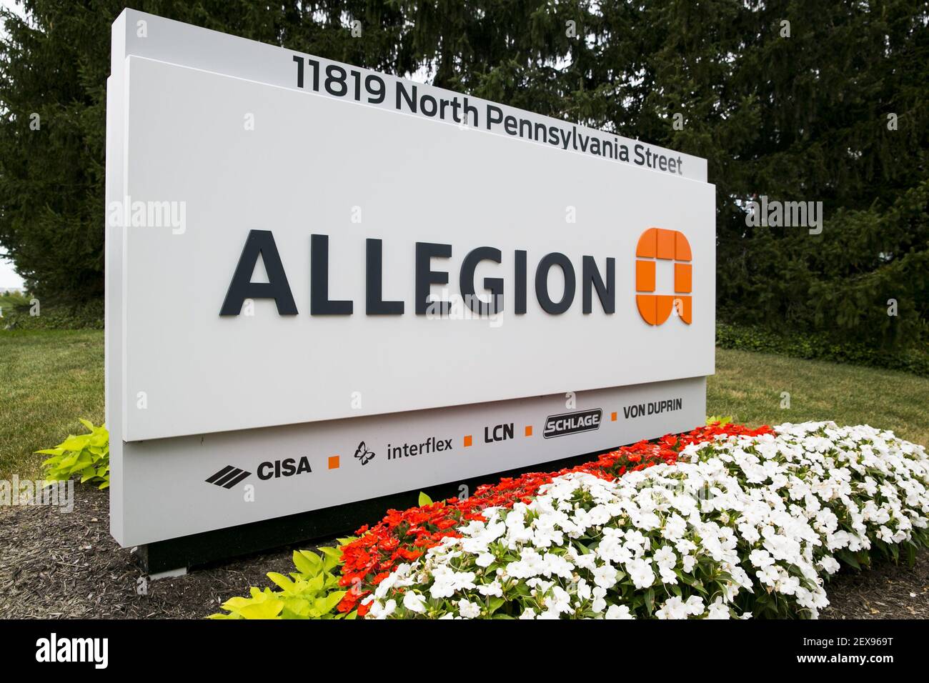 A logo sign outside of a facility occupied by Allegion Plc, in Carmel ...