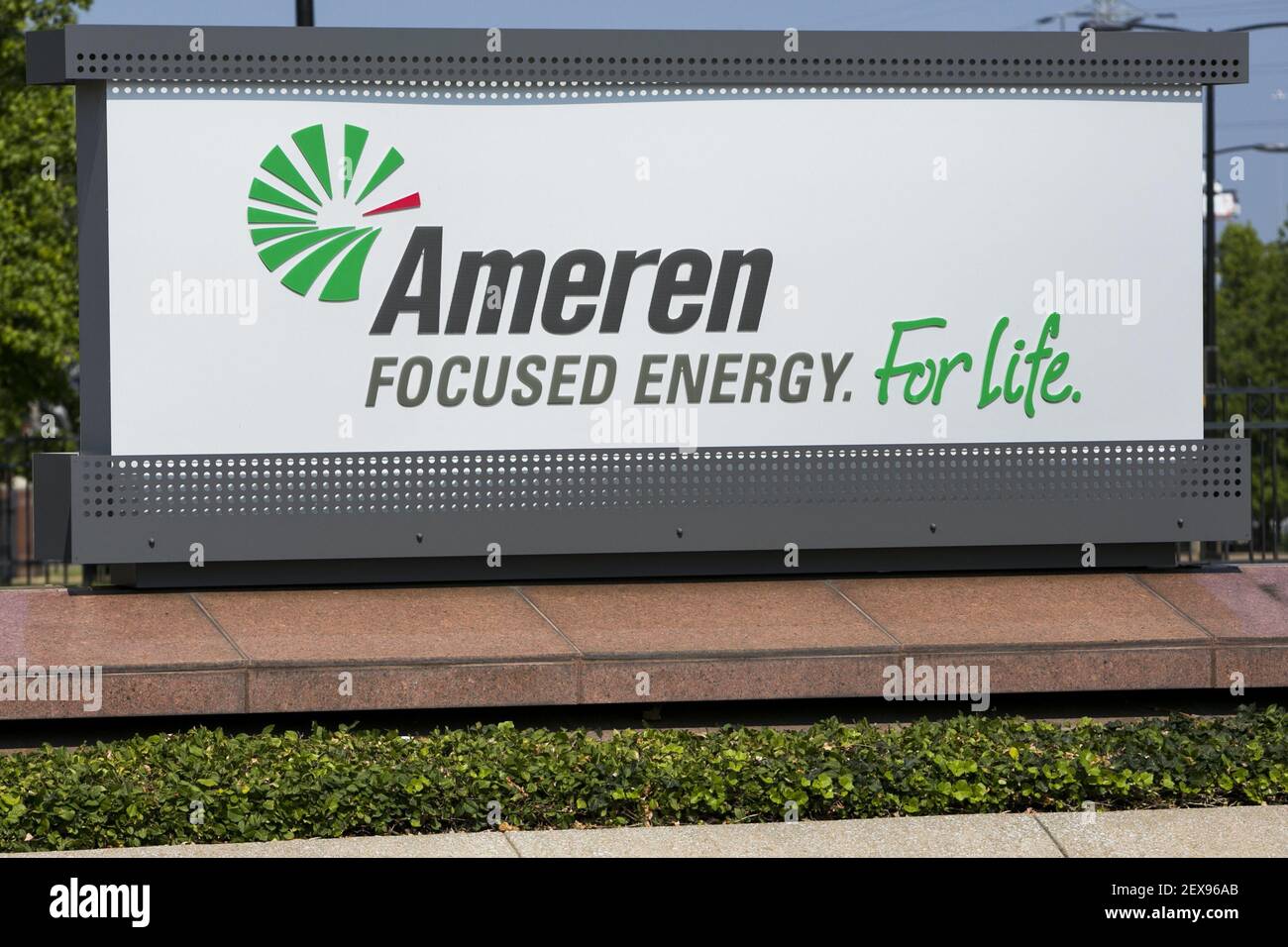 A logo sign outside of the headquarters of the Ameren Corporation, in ...
