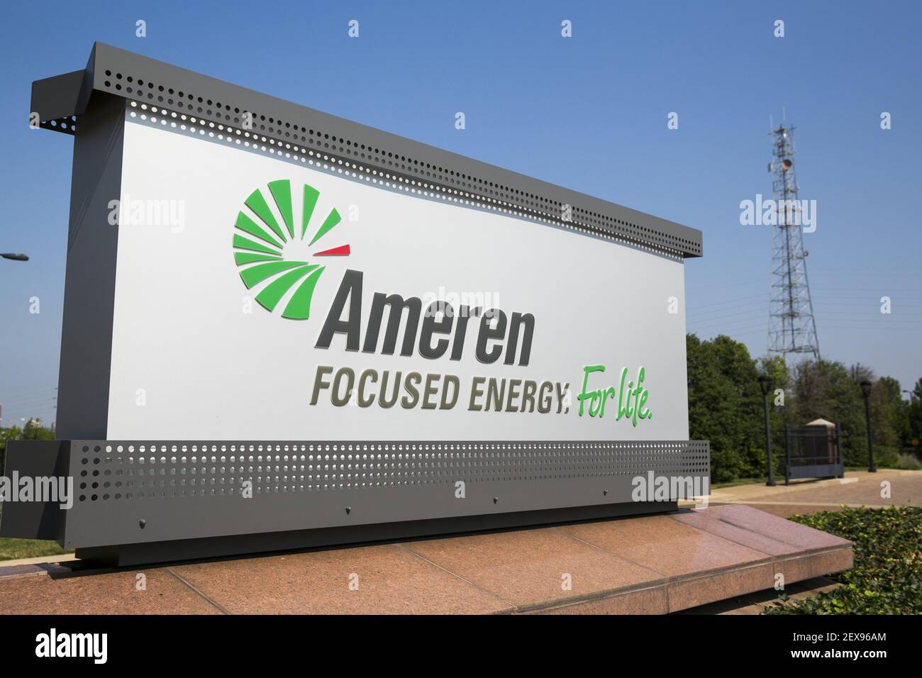 A logo sign outside of the headquarters of the Ameren Corporation, in ...