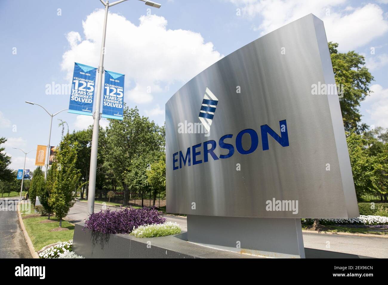 A logo sign outside of the headquarters of Emerson Electric, in ...