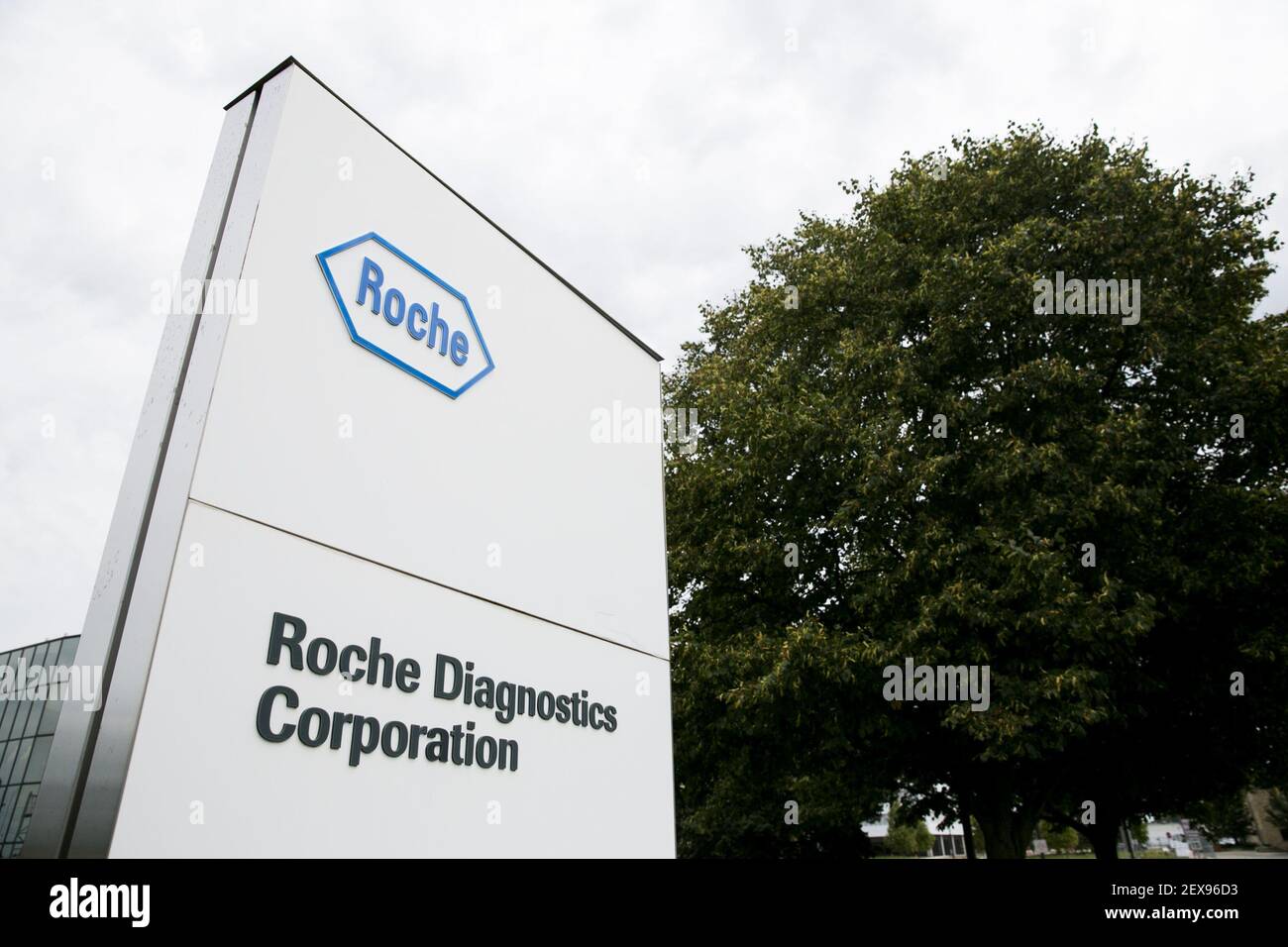 A logo sign outside of a facility occupied by the Roche Diagnostics ...