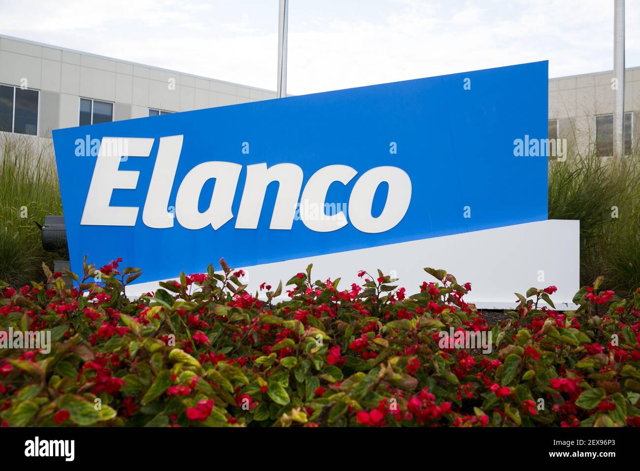 A logo sign outside of the headquarters of Elanco Animal Health, in ...