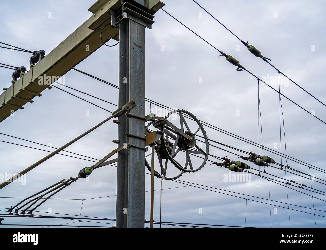 Detail of a railroad overhead line Stock Photo - Alamy