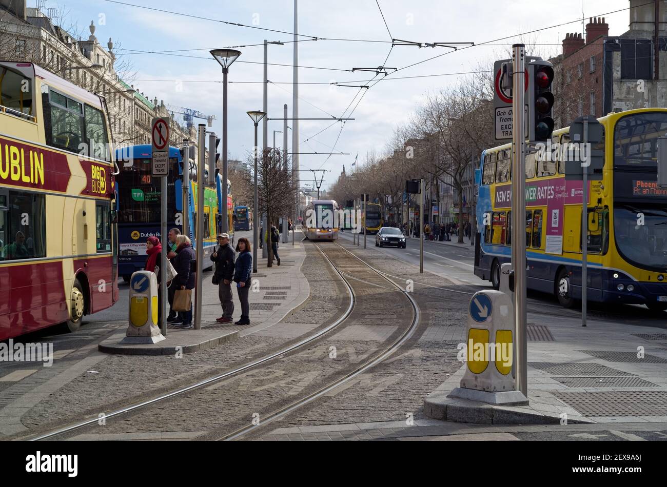 DUBLIN, IRELAND - Mar 05, 2020: Traffic at O'Connell Street in Dublin ...