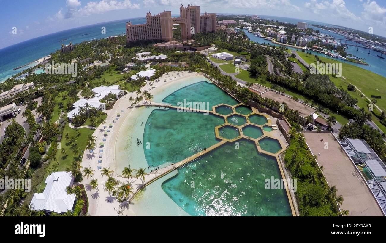 An aerial view of the Dolphin Cay attraction at Atlantis Paradise ...