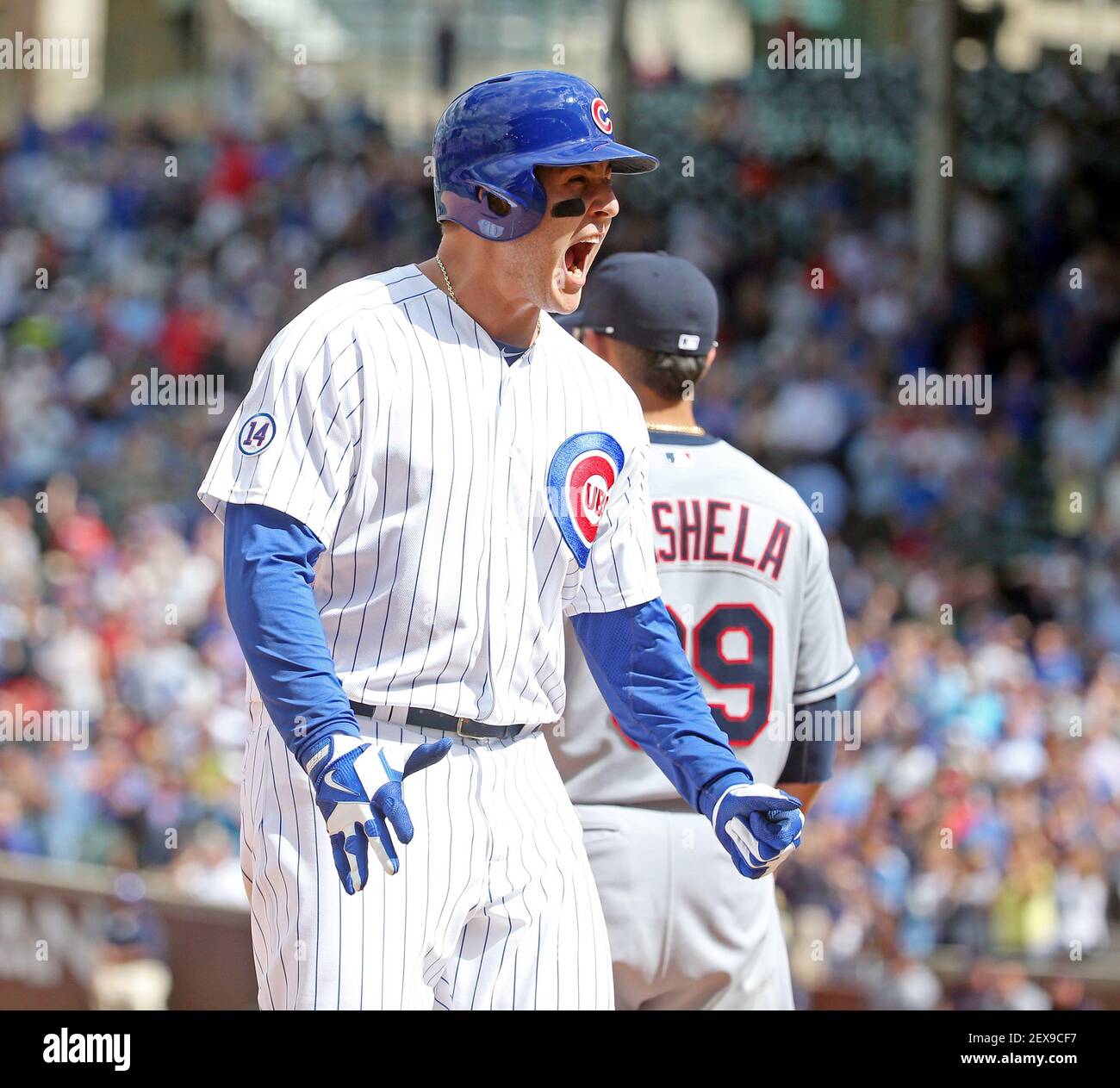 Chicago Cubs first baseman Anthony Rizzo (44) celebrates his RBI triple ...