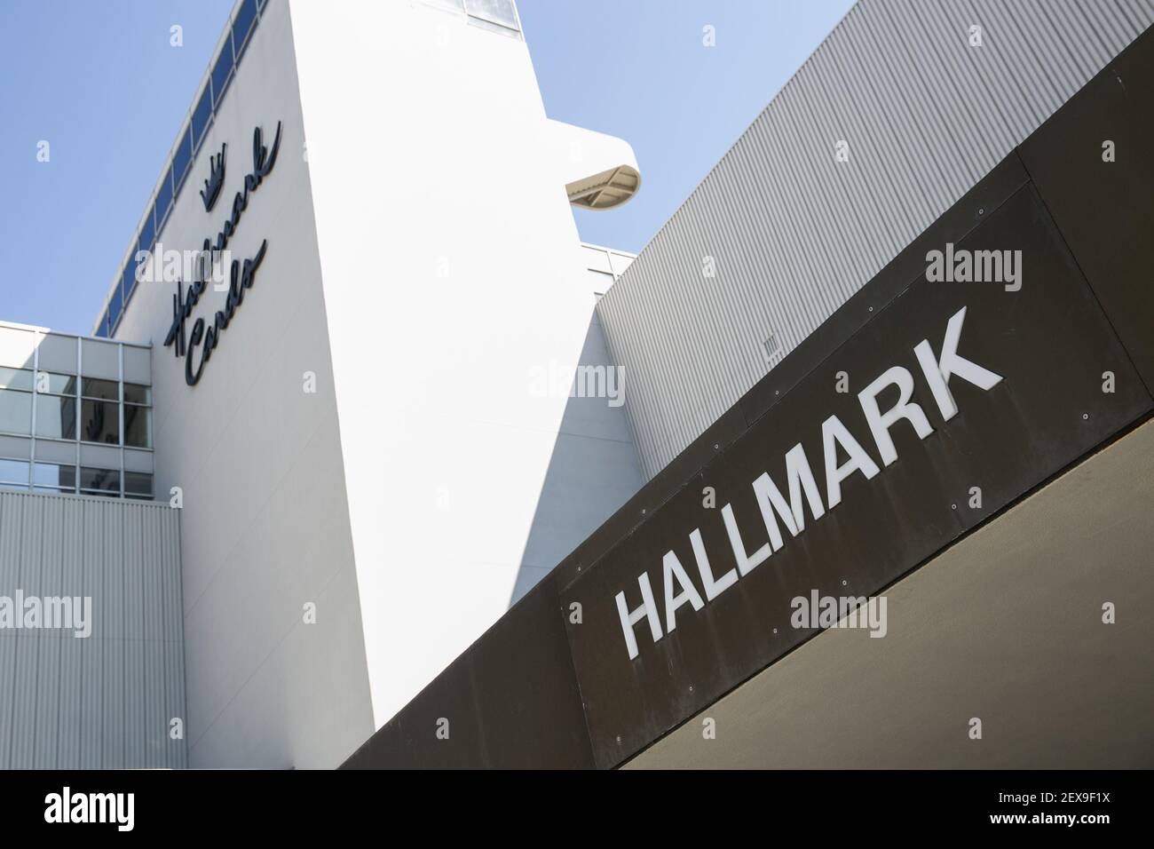 A logo sign outside of the headquarters of Hallmark Cards in Kansas ...