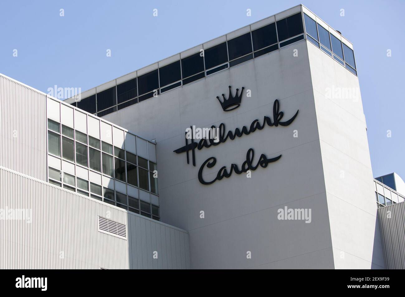 A logo sign outside of the headquarters of Hallmark Cards in Kansas ...