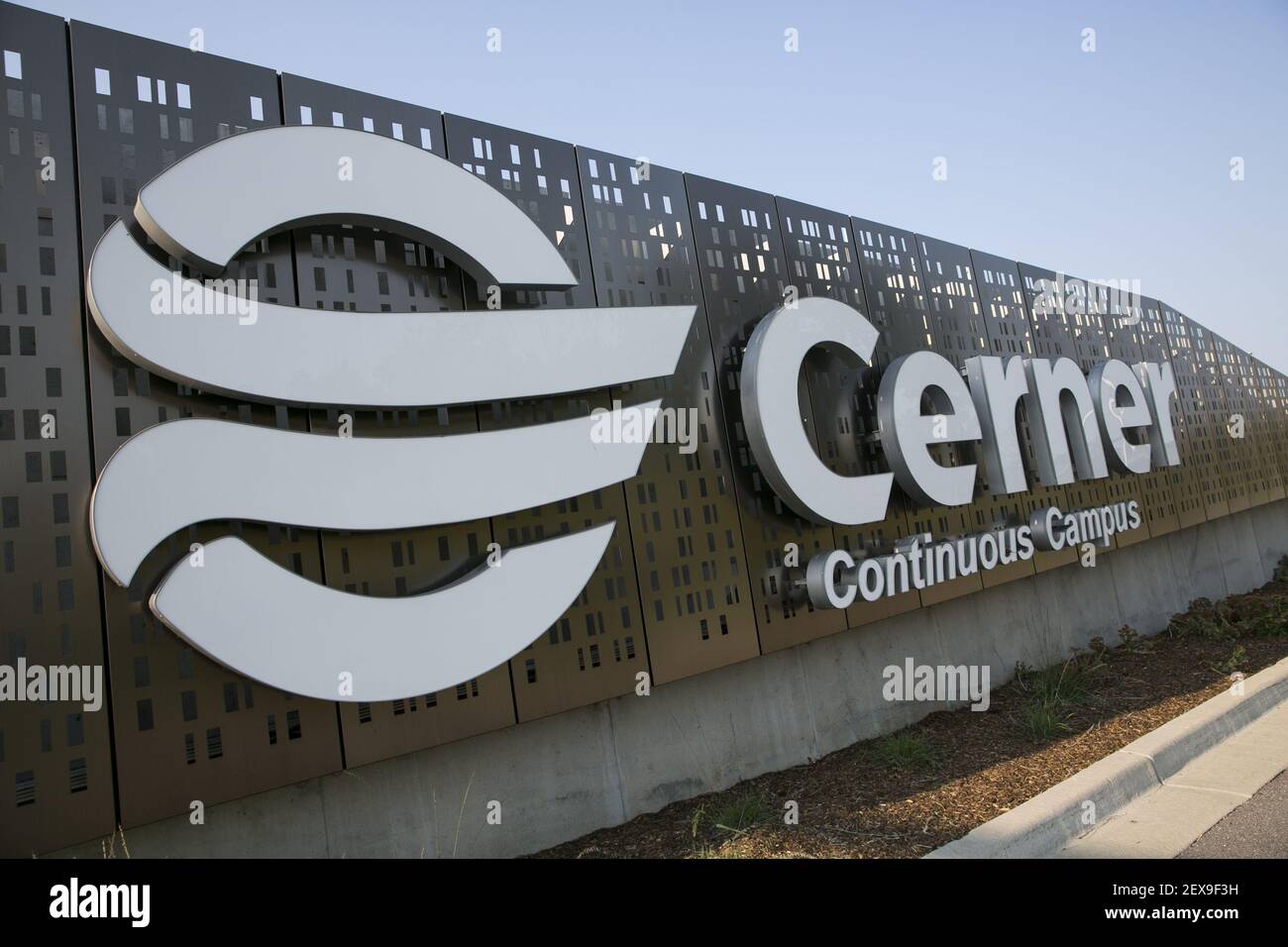 A logo sign outside of the Cerner Corporation Continuous Campus in ...