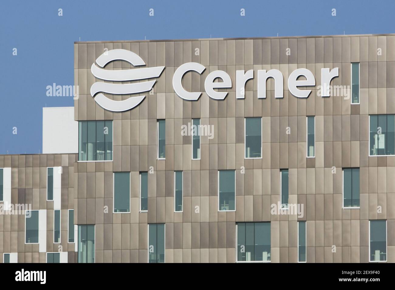 A logo sign outside of the Cerner Corporation Continuous Campus in ...