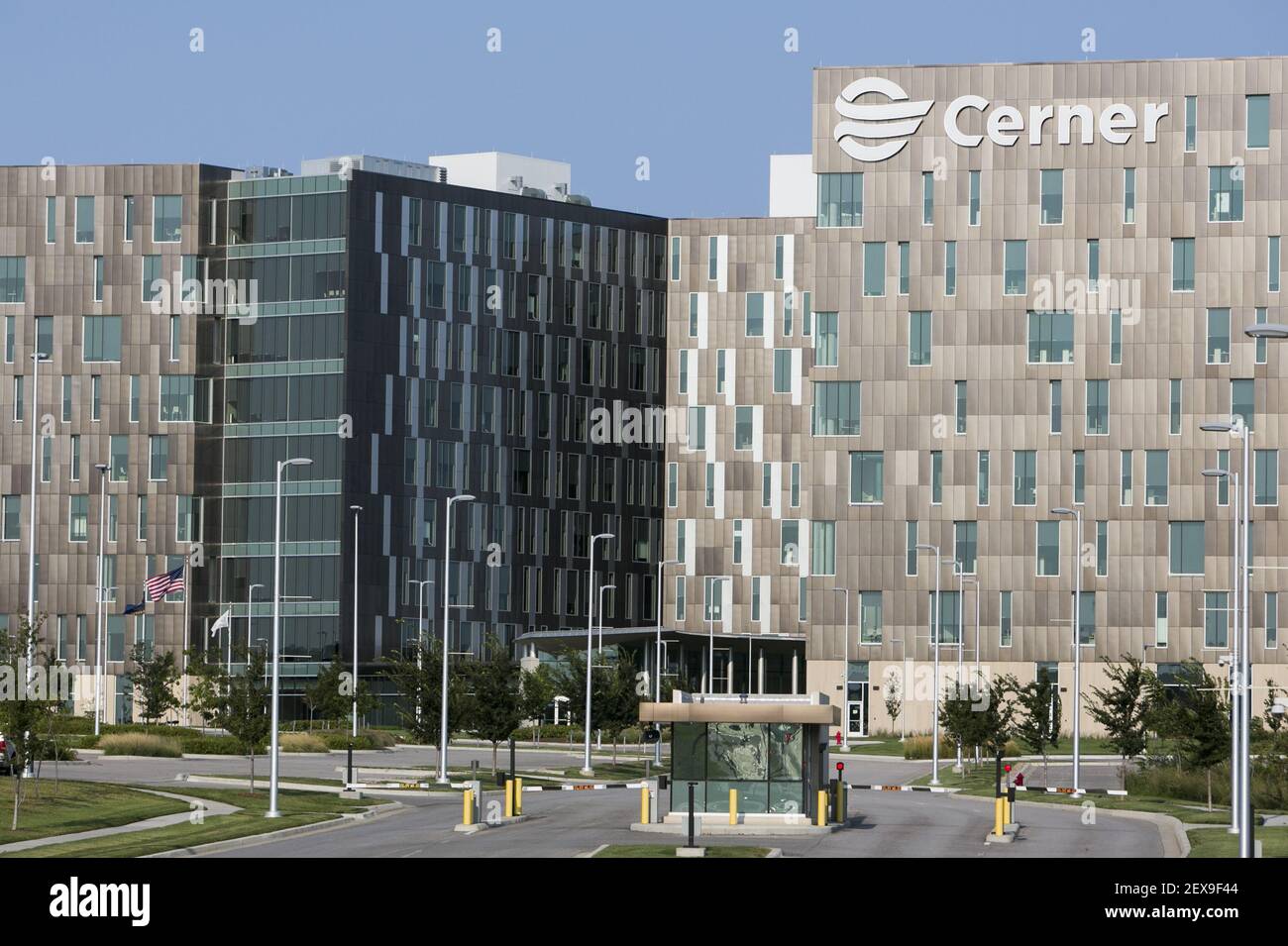 A logo sign outside of the Cerner Corporation Continuous Campus in ...