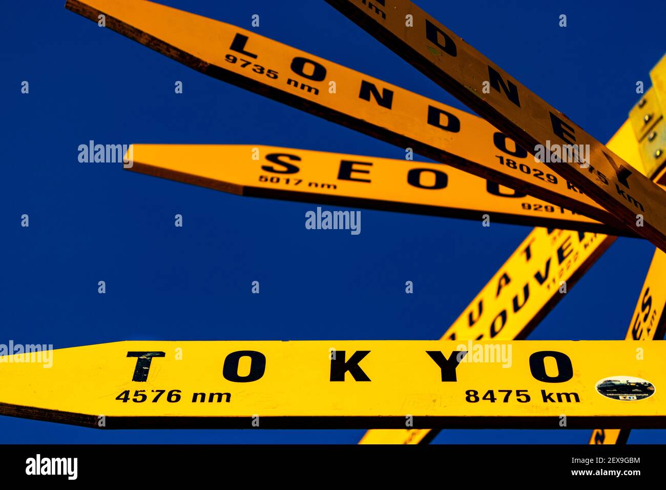 A low angle shot of main capital city signs at Cape Reinga Stock Photo ...