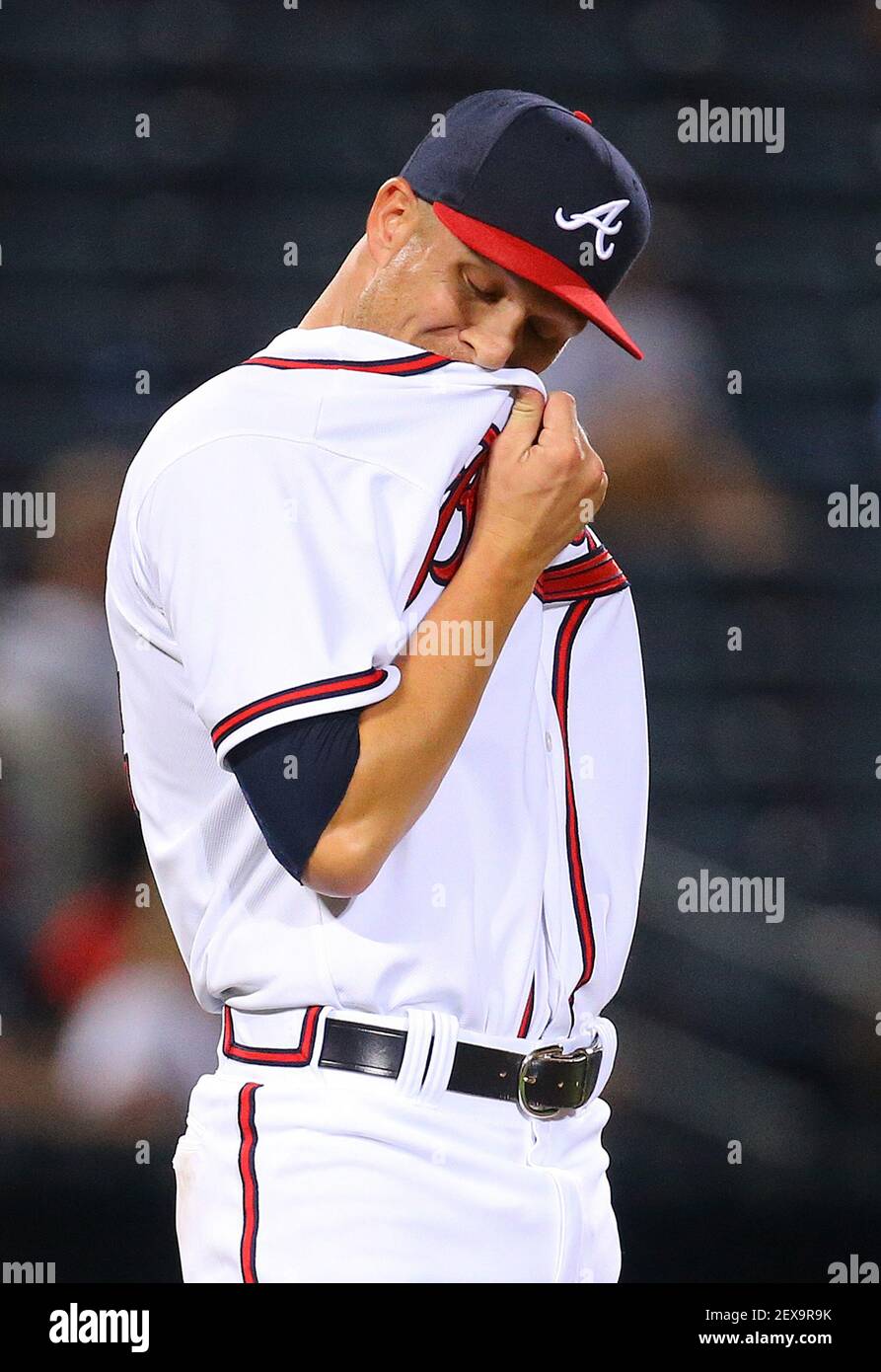 Atlanta Braves pitcher Ryan Kelly reacts as the Miami Marlins' Justin ...